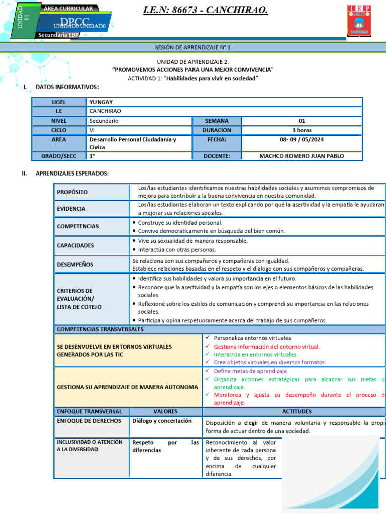 1º DPCC Ses 1 Uni 2 Sem 01 - 2023 | PDF | Aprendizaje | Evaluación