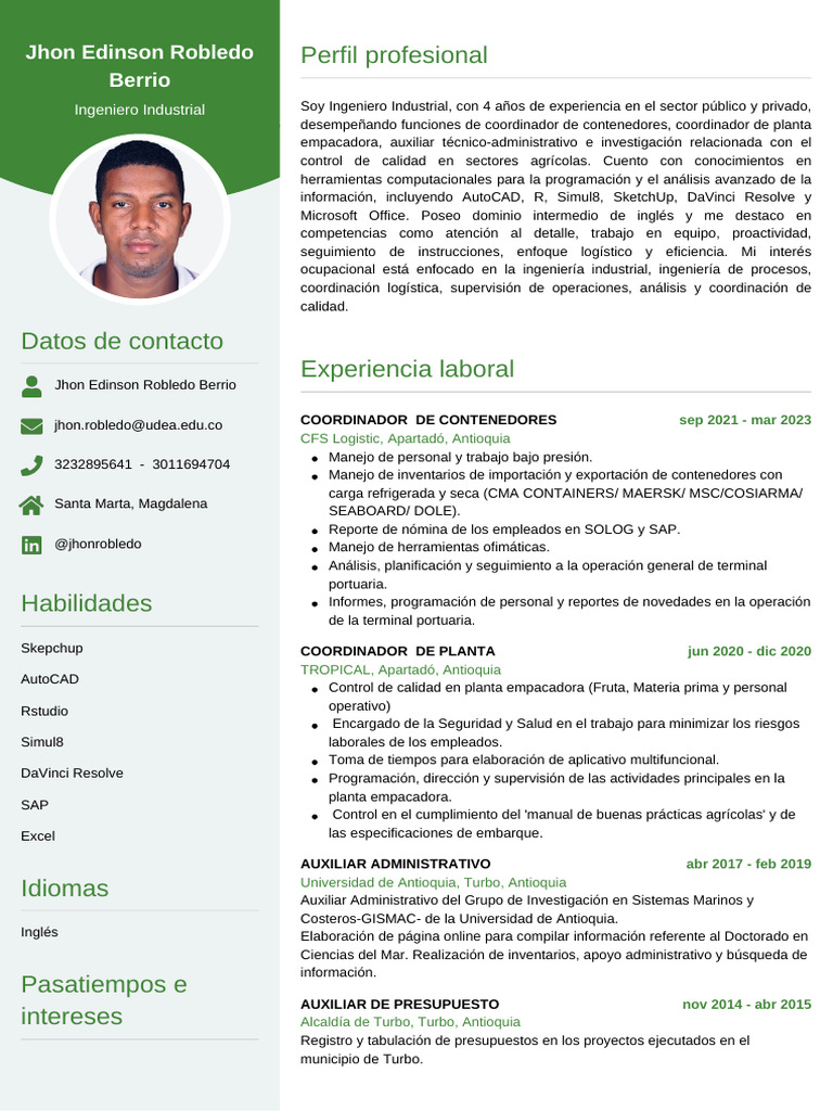 JHON ROBLEDO - CV ACTUALIZADA | PDF | Documento de identidad | Colombia