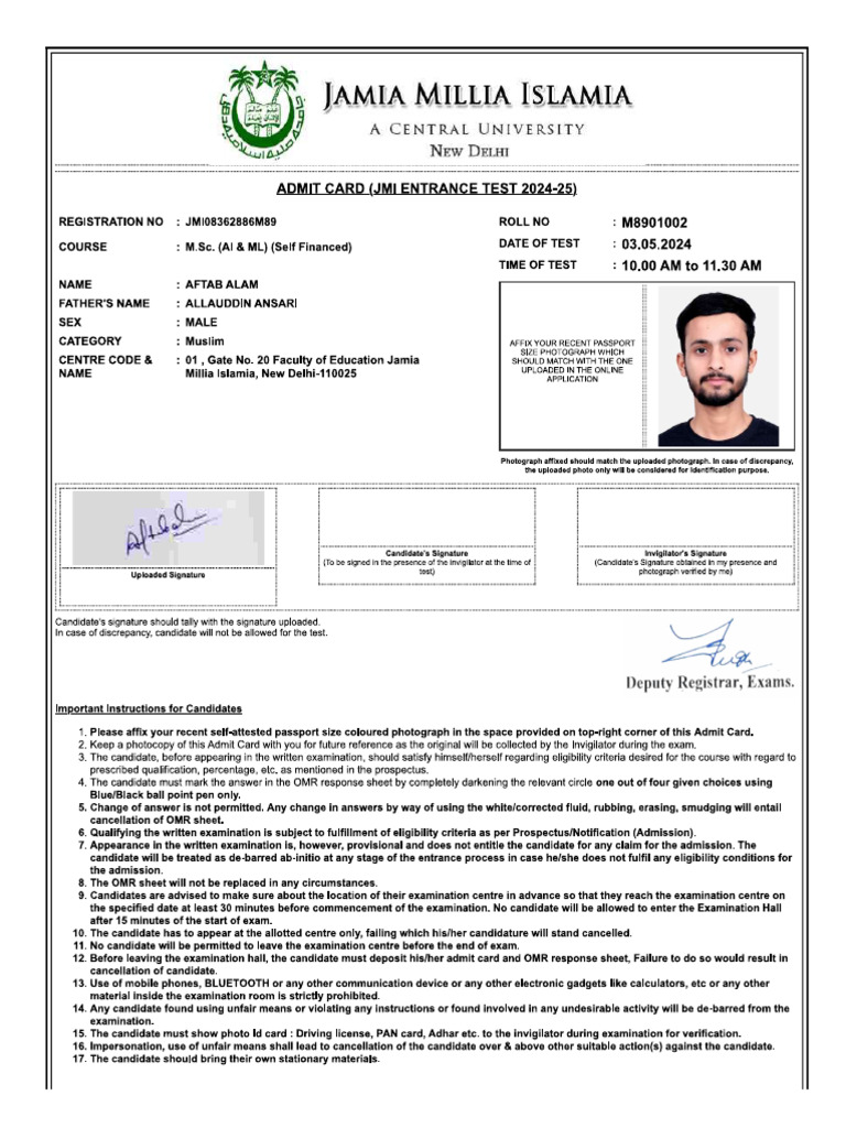 Jmi MSC Admit Card | PDF