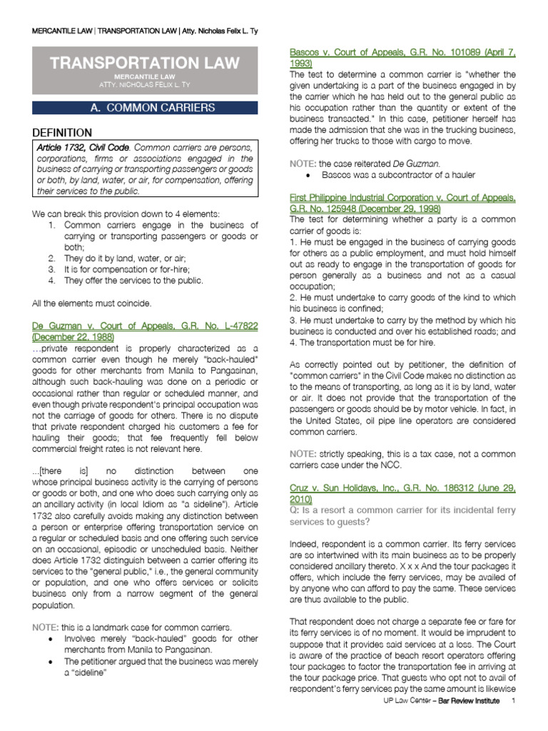 1. Ty - Transportation Law | PDF | Legal Liability | Common Carrier