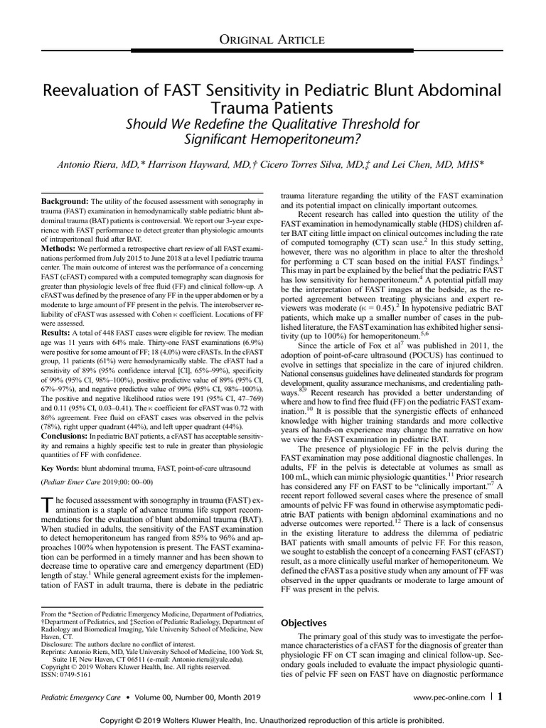 FAST Sensitivity in Pediatric Blunt Abdominal 2019 | PDF | Major Trauma ...