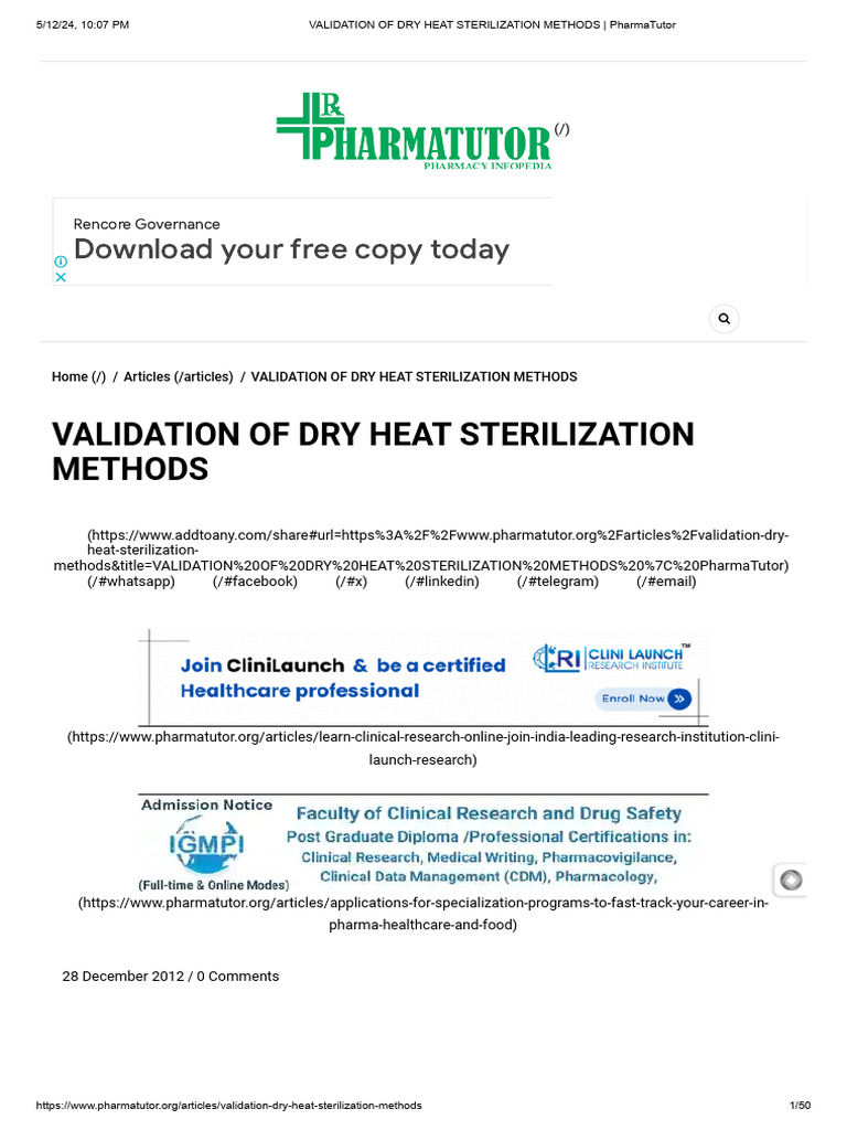 Validation of Dry Heat Sterilization Methods - Pharmatutor | PDF | Sterilization (Microbiology ...