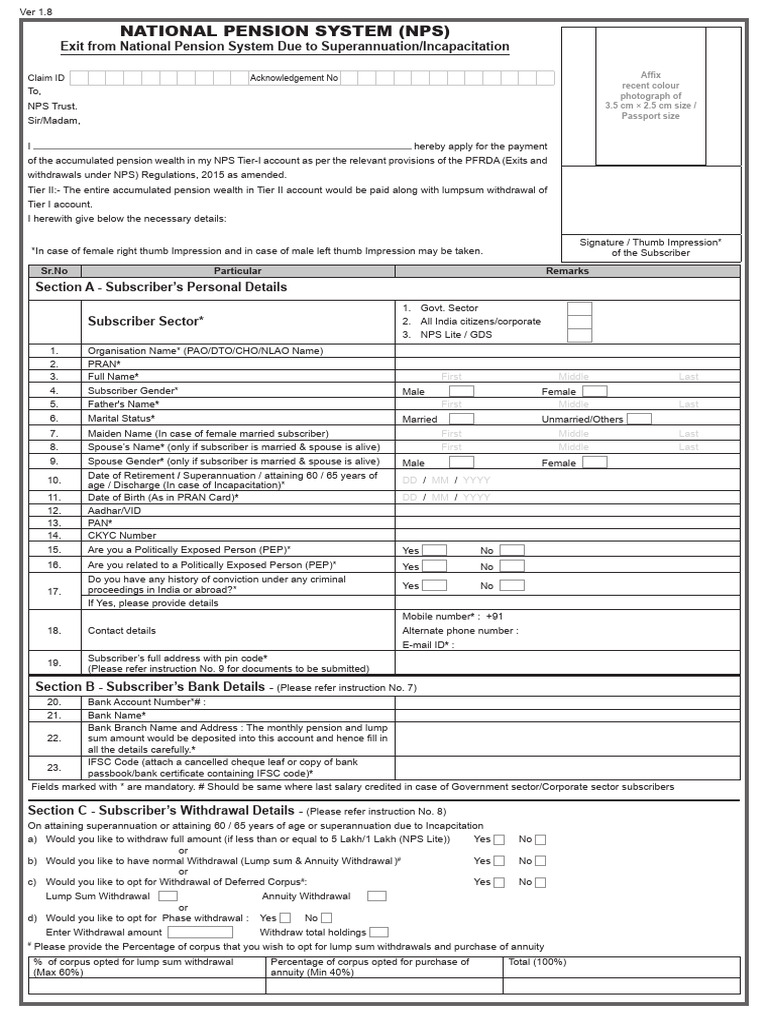 NPS Exit Form for Superannuation | PDF | Life Annuity | Financial Services