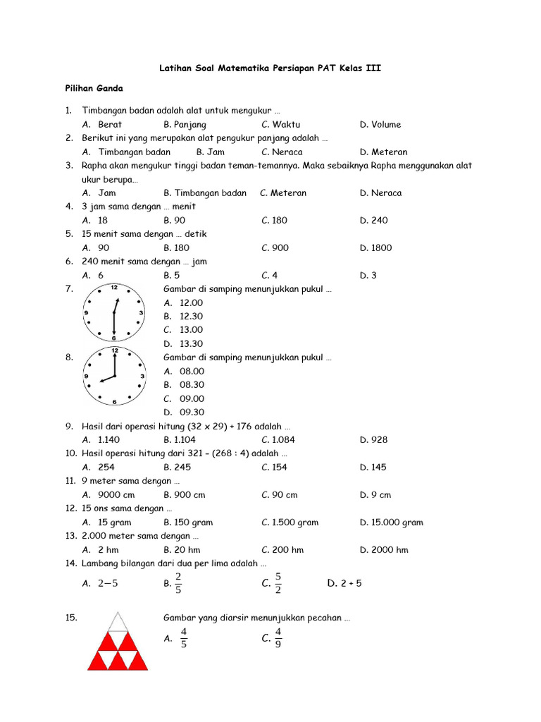 Latihan Soal Matematika Persiapan UTS Kelas III | PDF