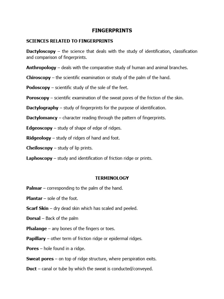 FINGERPRINT OR TERMINOLOGIES For Review | PDF | Fingerprint | Hand