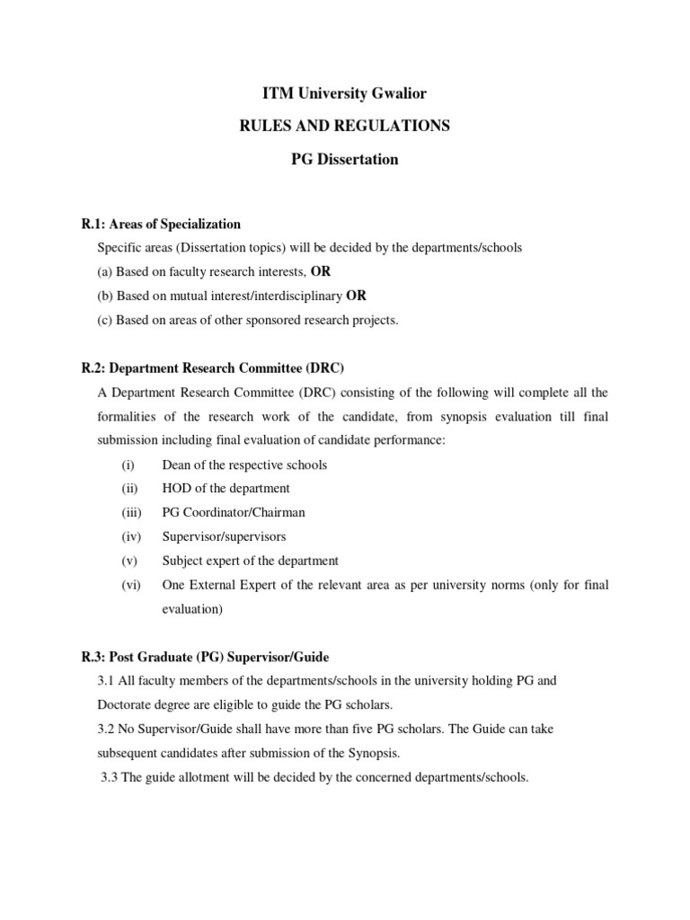 Rules and Regulations of PG Dissertation of ITM University Gwalior ...