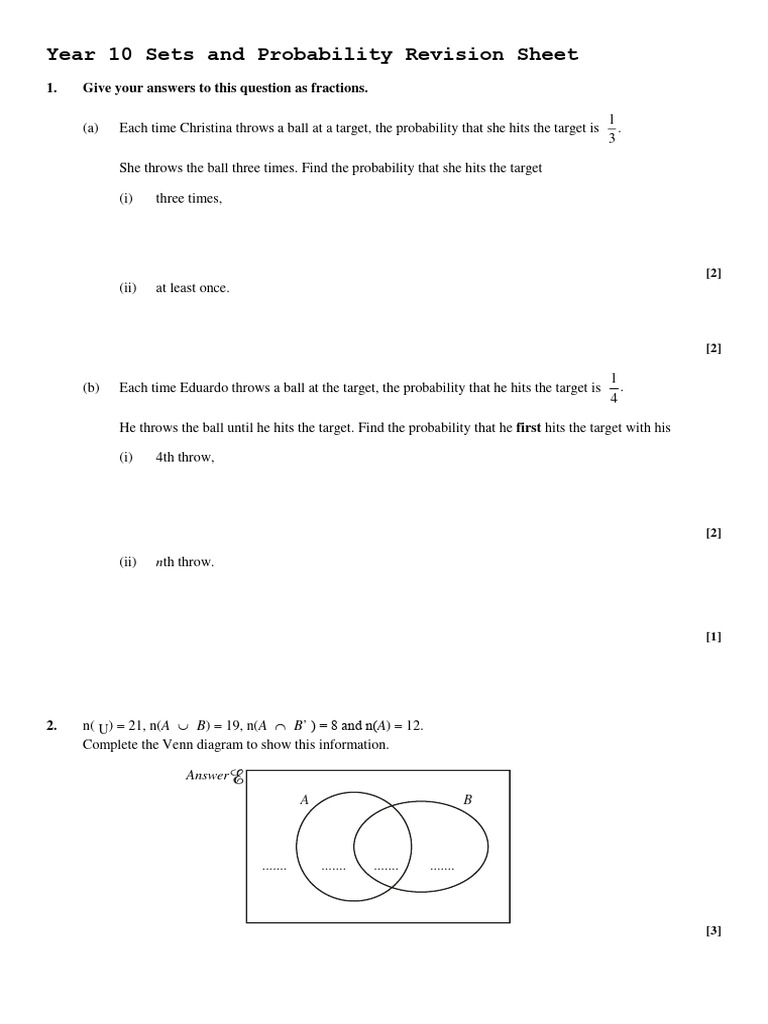 Sets and Probability Revision Sheet | PDF