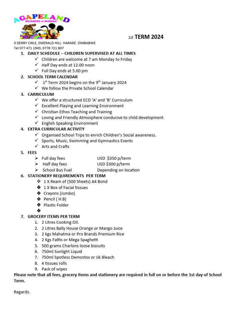 Agapeland 1 ST Term 2024 Fees Flyer | PDF