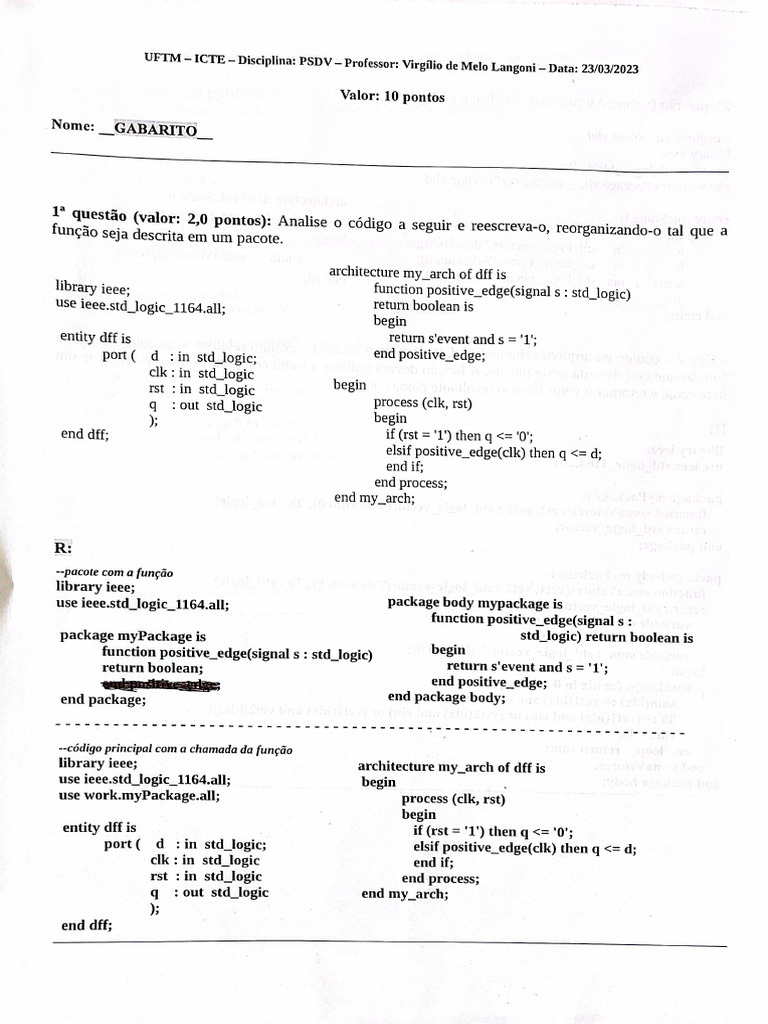 Prova 2 e 1 - VHDL | PDF