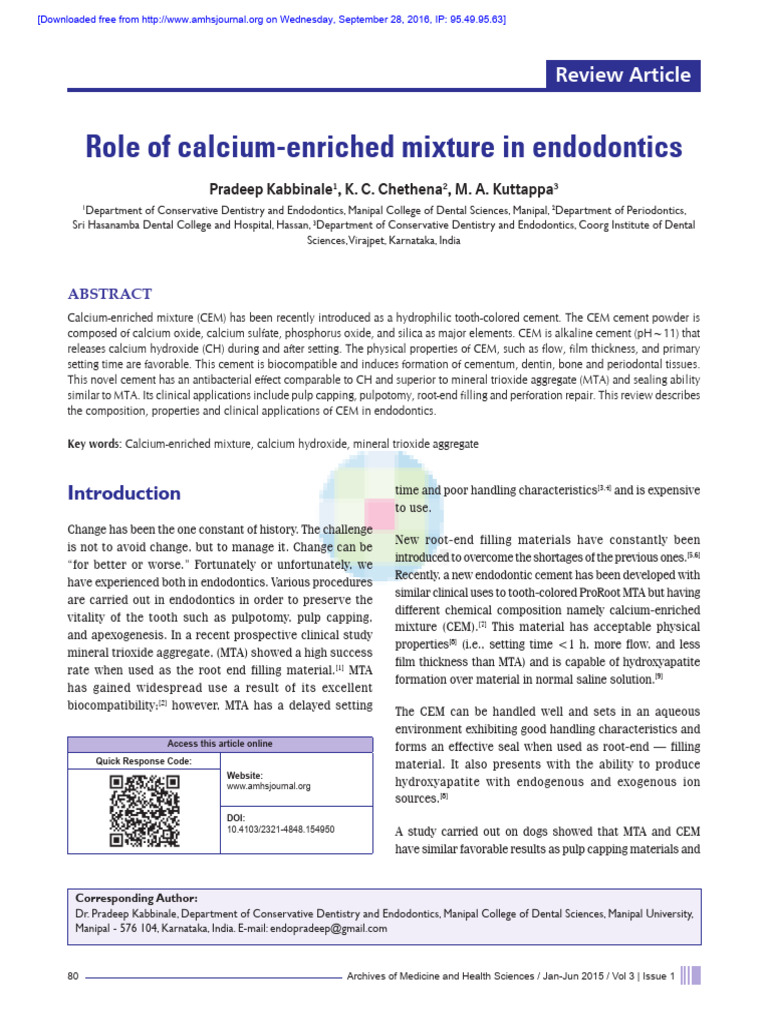 Role of Calcium-Enriched Mixture in Endodontics | PDF | Tooth ...
