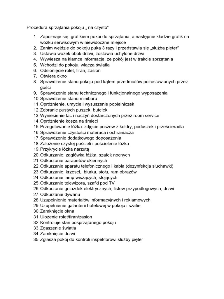 Procedura Sprzątania Pokoju - Notatka | PDF