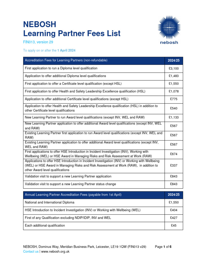 1fin013 Learning Partner Fees List v29 From 010424 | PDF | Safety