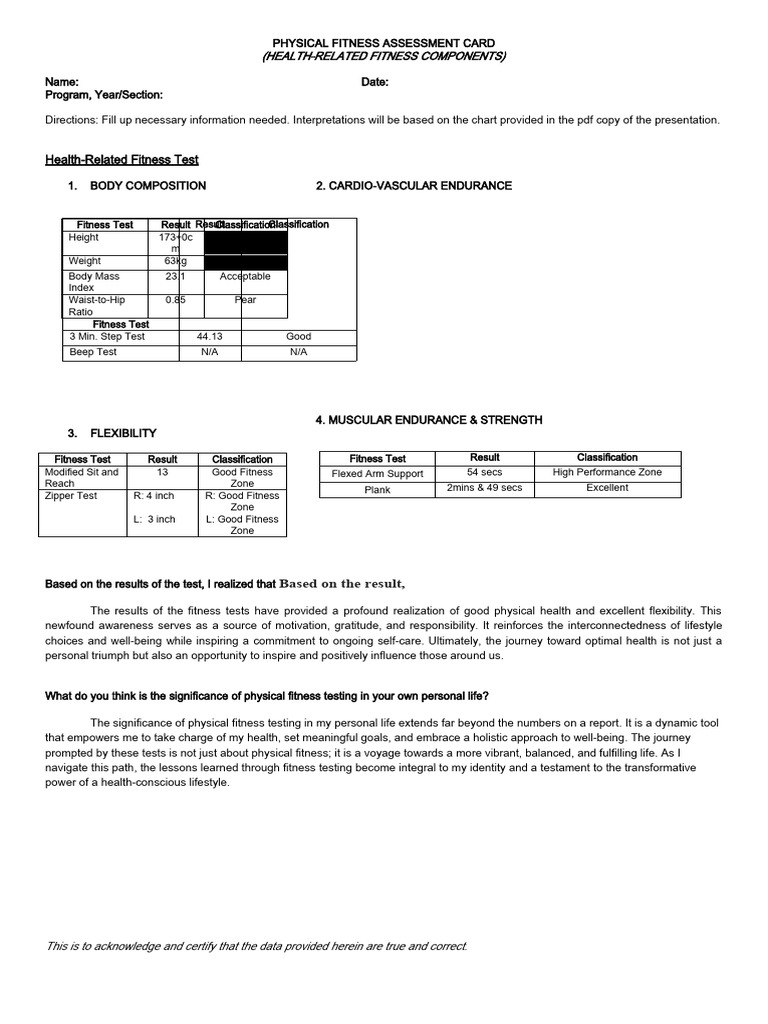 Health-Related Fitness Assessment Card | PDF | Physical Fitness ...