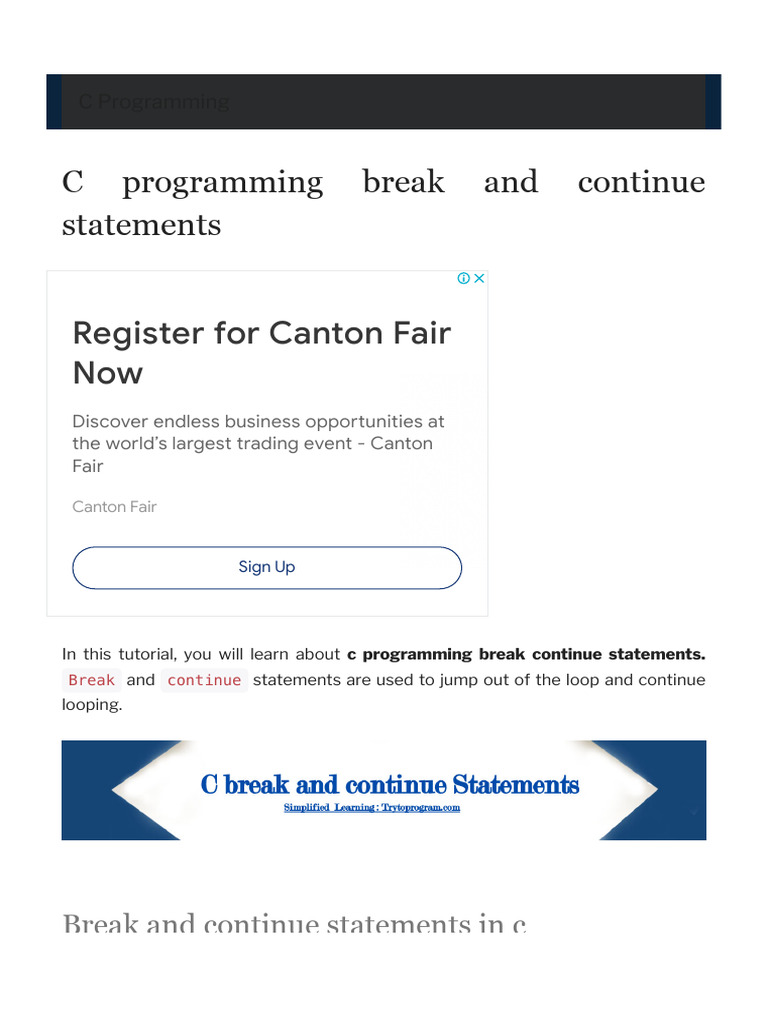 C Programming Break and Continue Statements - Trytoprogram | Download Free PDF | Control Flow ...