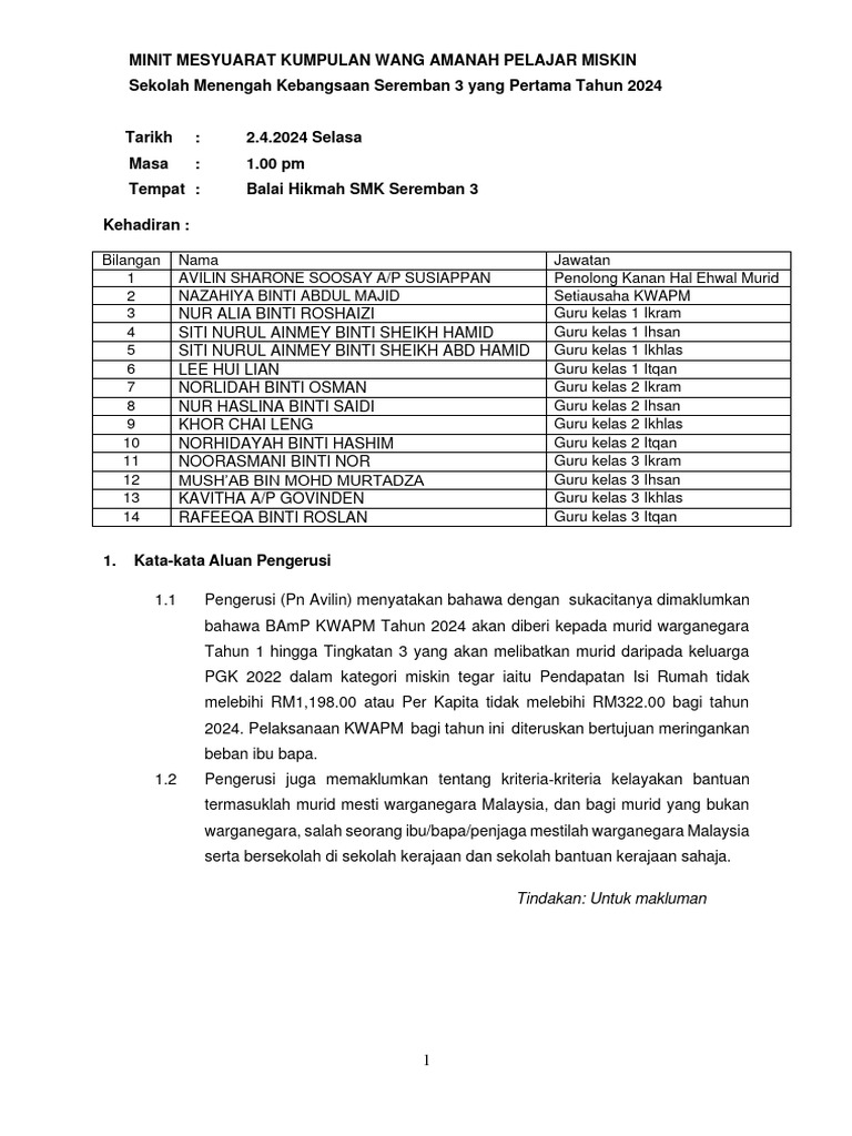 Minit Mesyuarat KWAPM Pertama 2024 | PDF