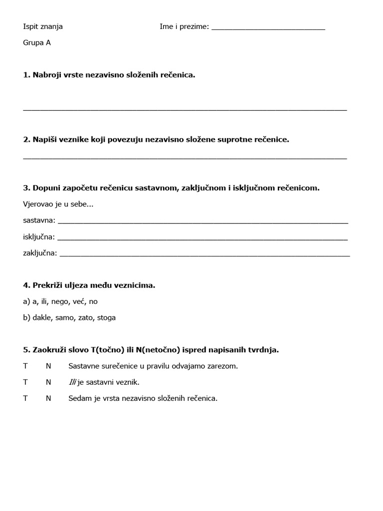 Priprema Za Ispit Znanja - Nezavisnoslozene Recenice 7.a | PDF