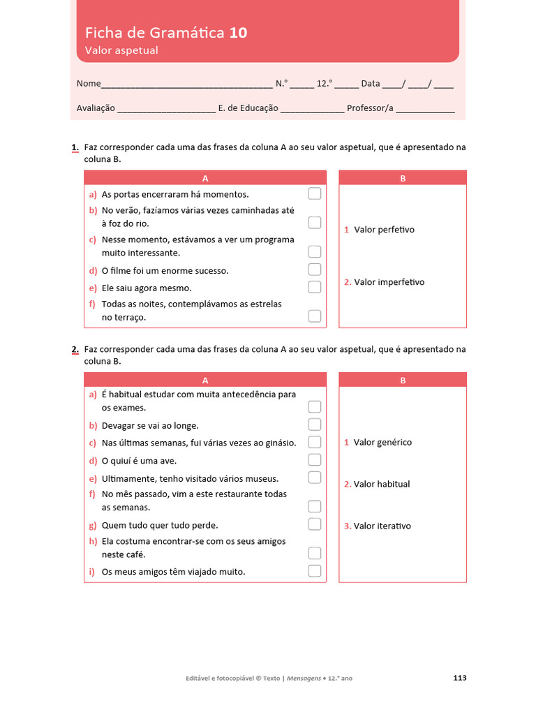 Valor Aspetual - Ficha 10 | PDF