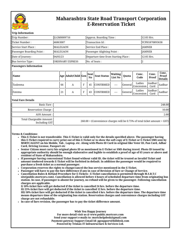 MSRTC - Online Reservation System | PDF | Fare