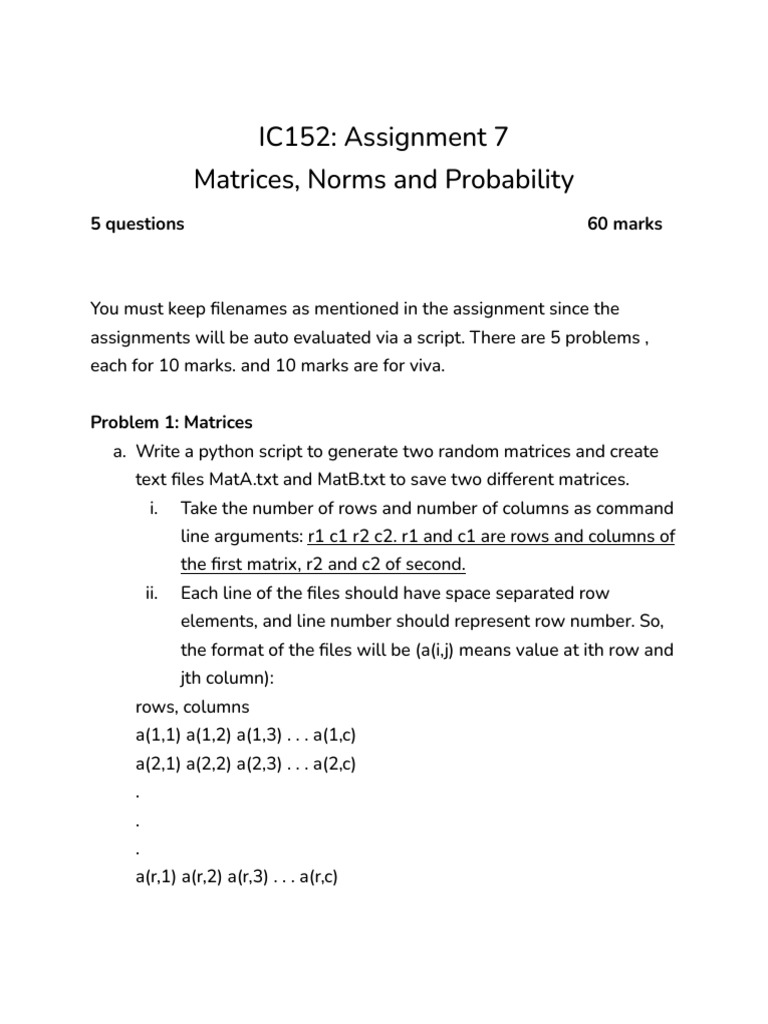 Ic152 Lab Assignment 7 Font Size 14 Pdf Matrix Mathematics Matrix Theory 