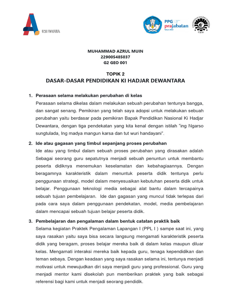 Aksi Nyata Topik 2 Penerapan Dasar Pendidikan Pemikiran Ki Hadjar Dewantara | PDF | Karier ...