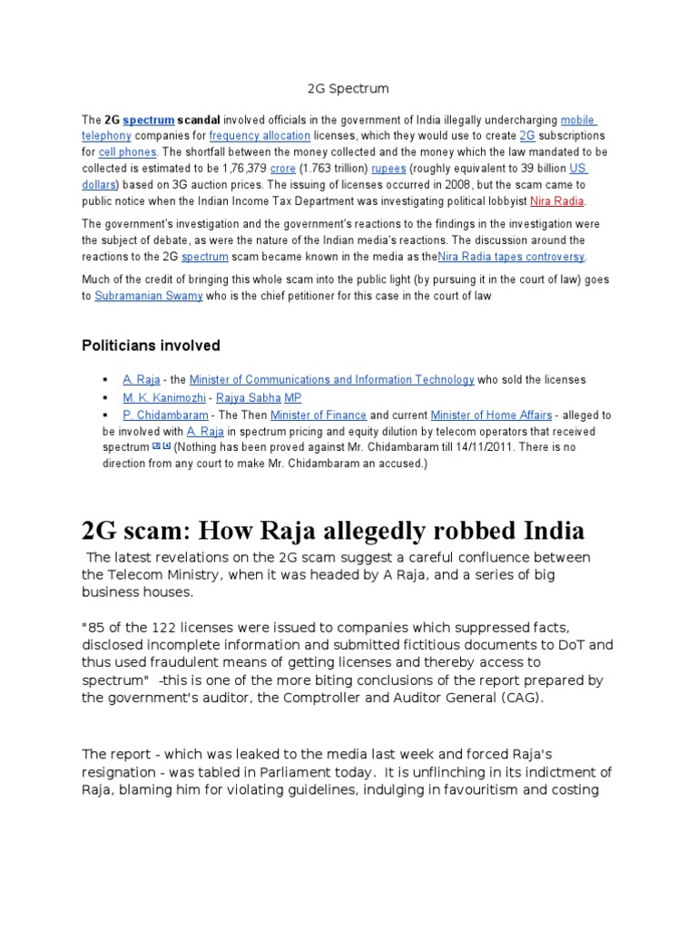 2G Scam: How Raja Allegedly Robbed India: Politicians Involved | PDF ...