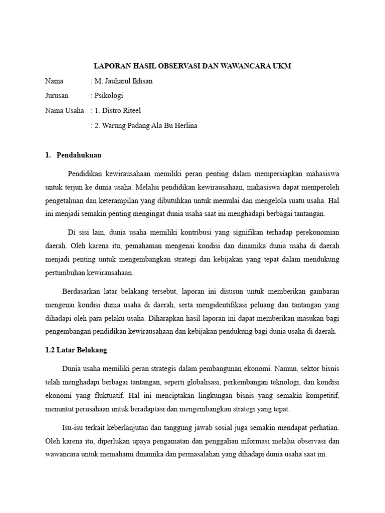 Laporan Hasil Observasi Dan Wawancara Ukm | PDF