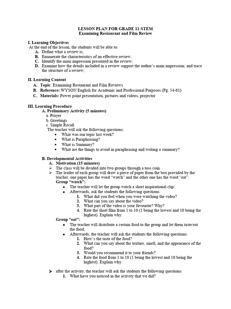 Grade 11 Lesson on Reviews | PDF | Chinese Cuisine | Food And Drink ...