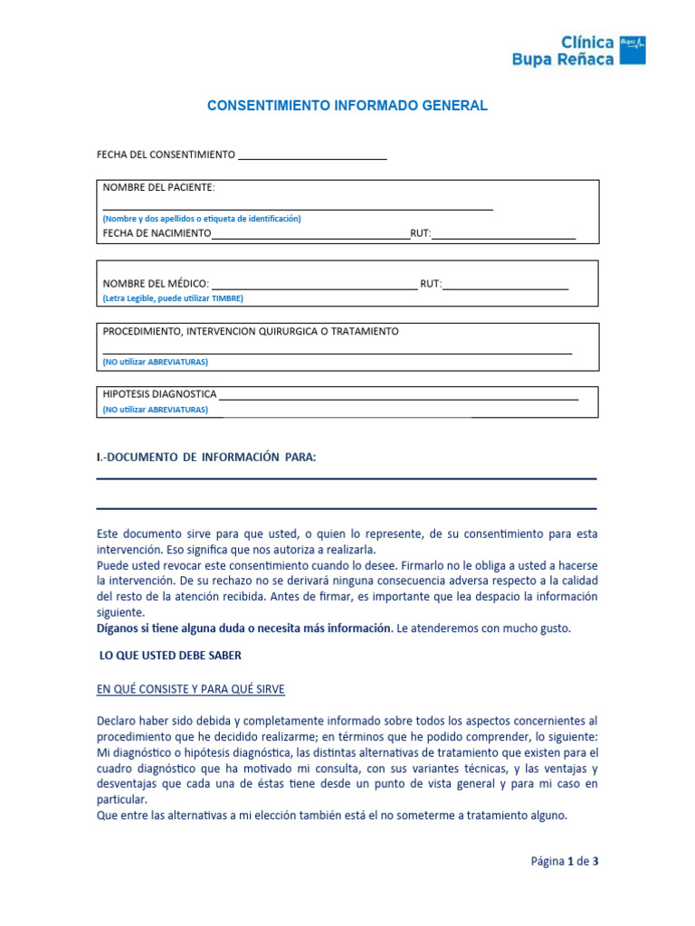 Consentimiento Informado General 1 | PDF | Cirugía | Consentimiento informado