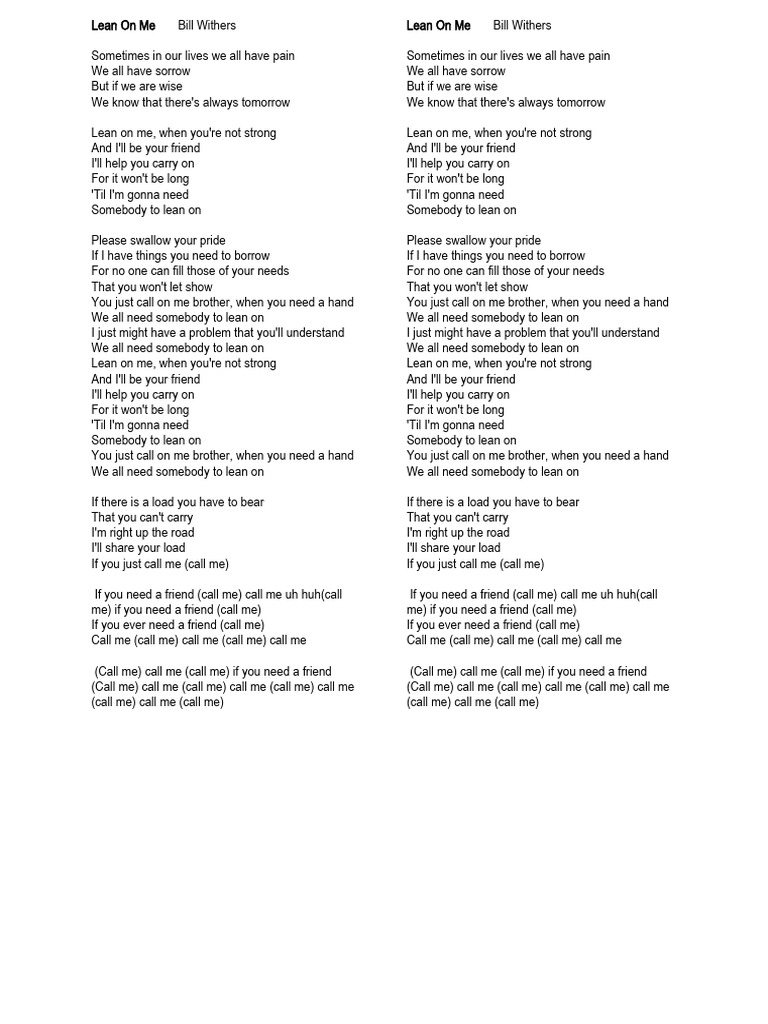 Lean On Me Lyrics | Download Free PDF | Billboard Number One Singles ...