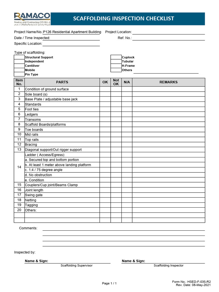 Scaffolding Inspection Checklist Form | PDF