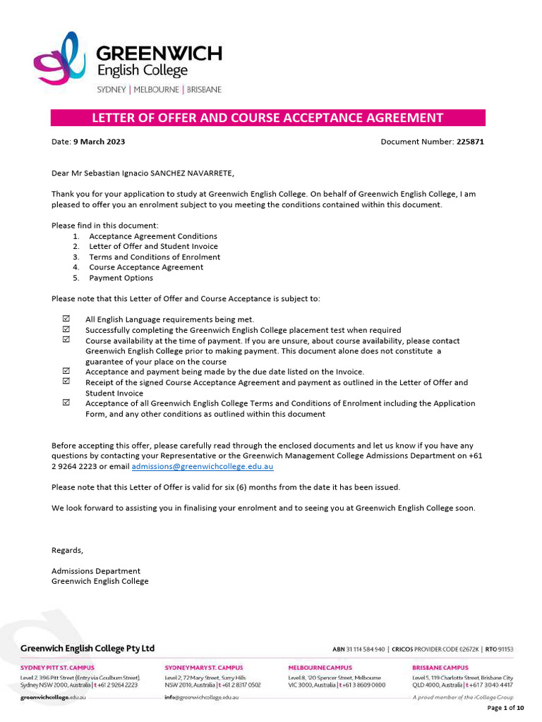 Greenwich English College Offer Letter | PDF | Fee | Travel Visa