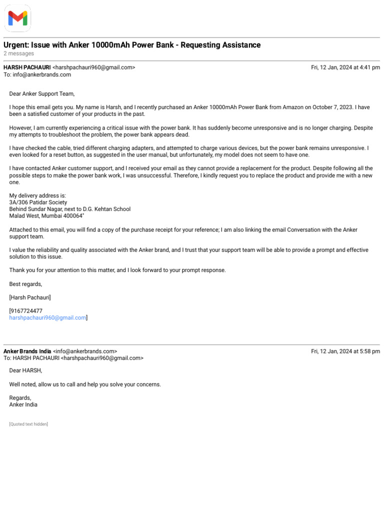 Gmail - Urgent - Issue With Anker 10000mah Power Bank - Requesting Assistance | PDF