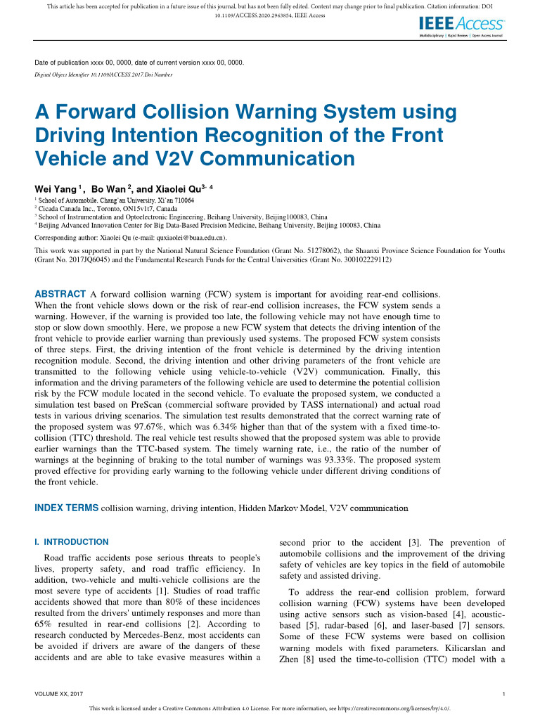 A Forward Collision Warning System Using Driving I | PDF | Traffic Collision