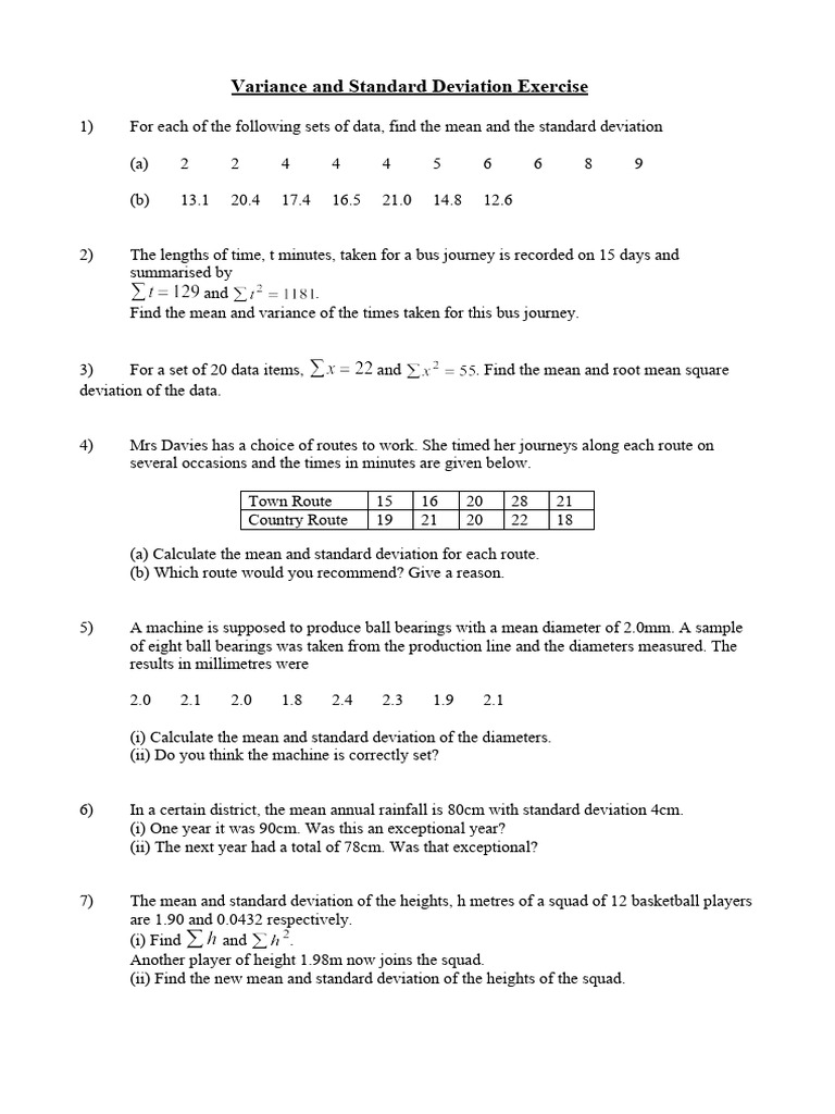 Variance and Standard Deviation Exercise | PDF