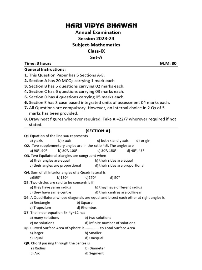 Maths Final Annual Set A Pdf Area Triangle