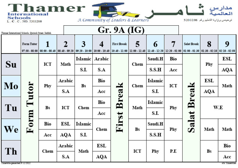 Updated Boys Grade 9A (British) Schedule (2022-2023) | PDF