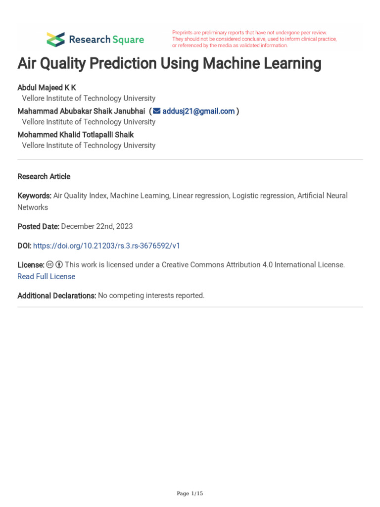 Air Quality Prediction Using Machine Learning Pdf Artificial Neural