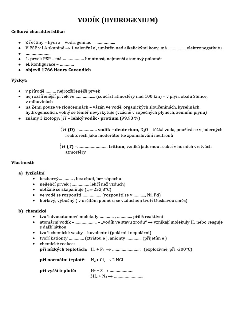 Pracovní list-VODÍK | PDF