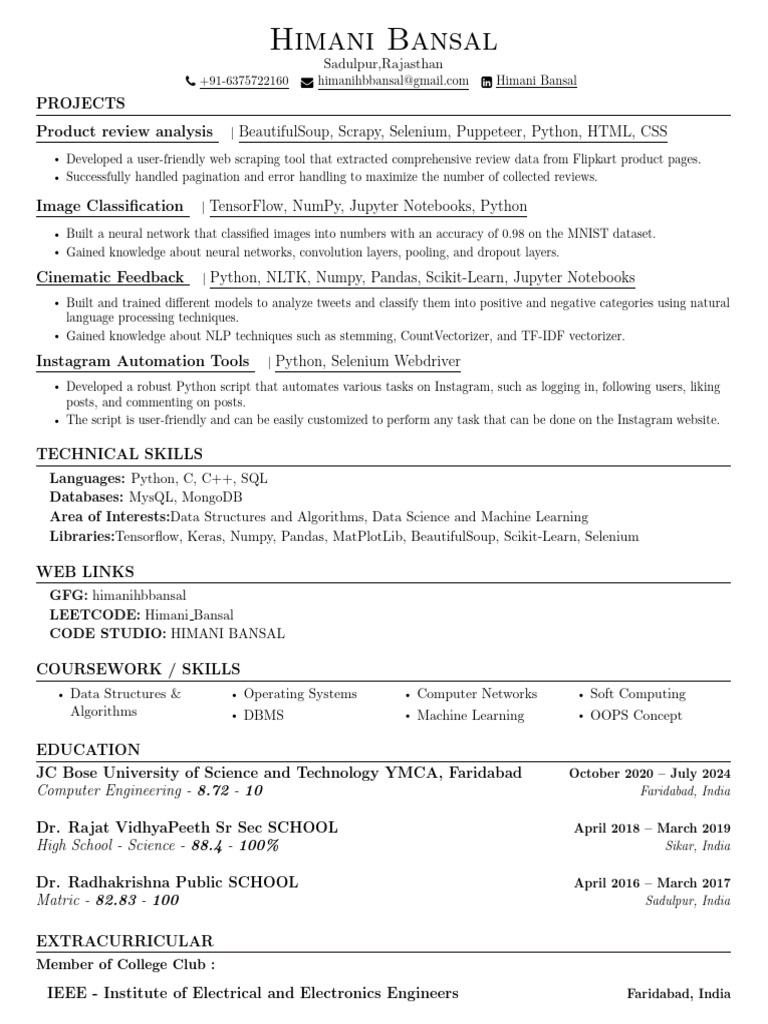HimaniBansal (Resume) | PDF | Python (Programming Language) | Machine Learning
