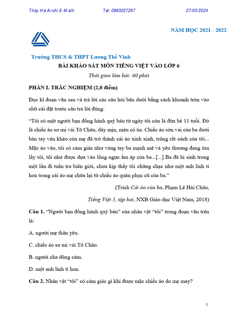 De Thi Vao Lop 6 Mon Tieng Viet Truong Luong The Vinh 2021 Co Dap An