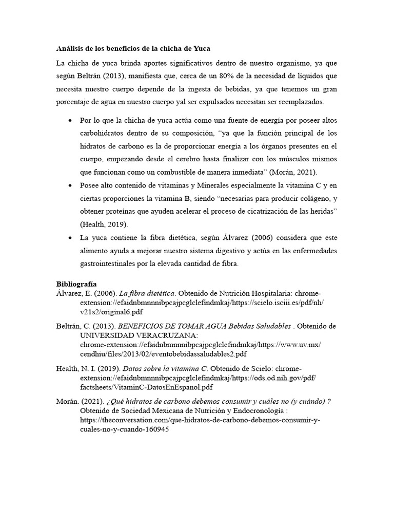 Análisis de Los Beneficios de La Chicha de Yuca | PDF