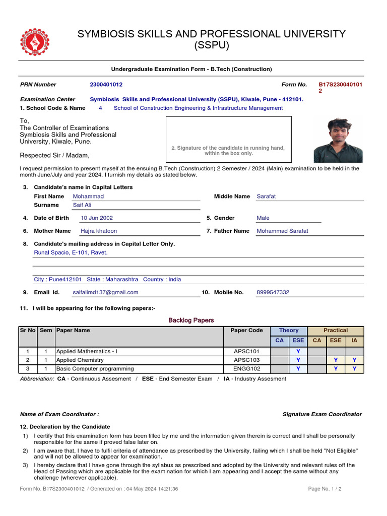 Backlog Exam Form | PDF
