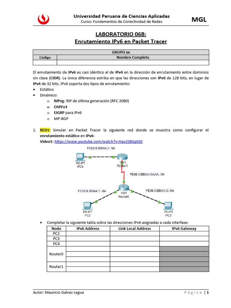 LAB06B Enrutamiento IPv6 Con Packet Tracer | Descargar gratis PDF | Yo Pv6 | Enrutador (Computación)