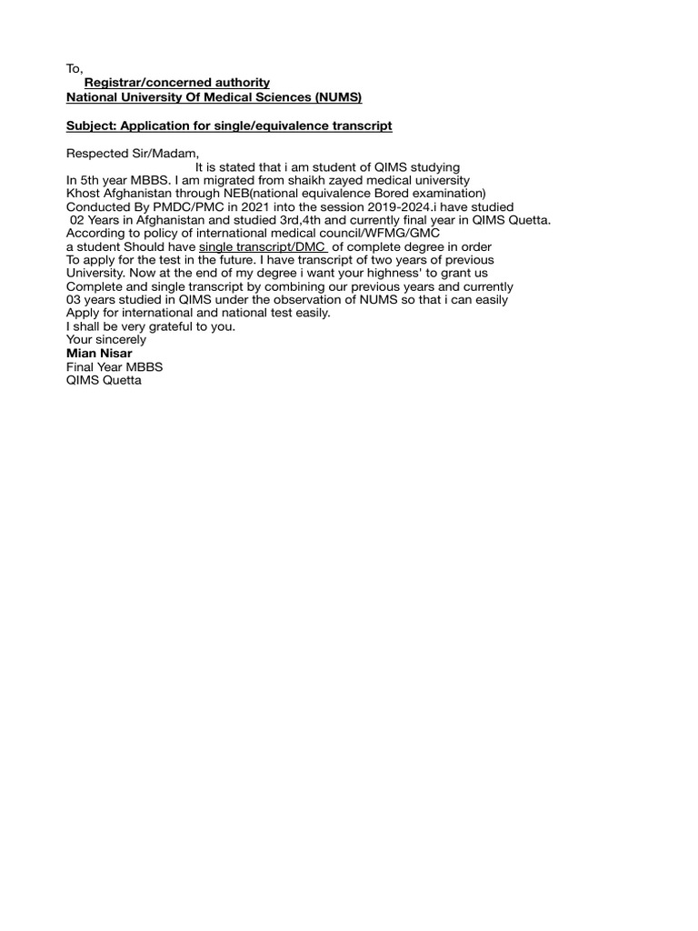 Transcript Request for MBBS Student | PDF