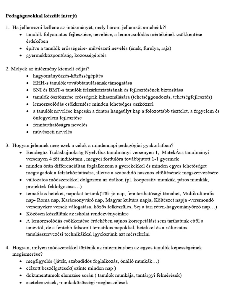 Pedagógus Interjú Kérdések | PDF