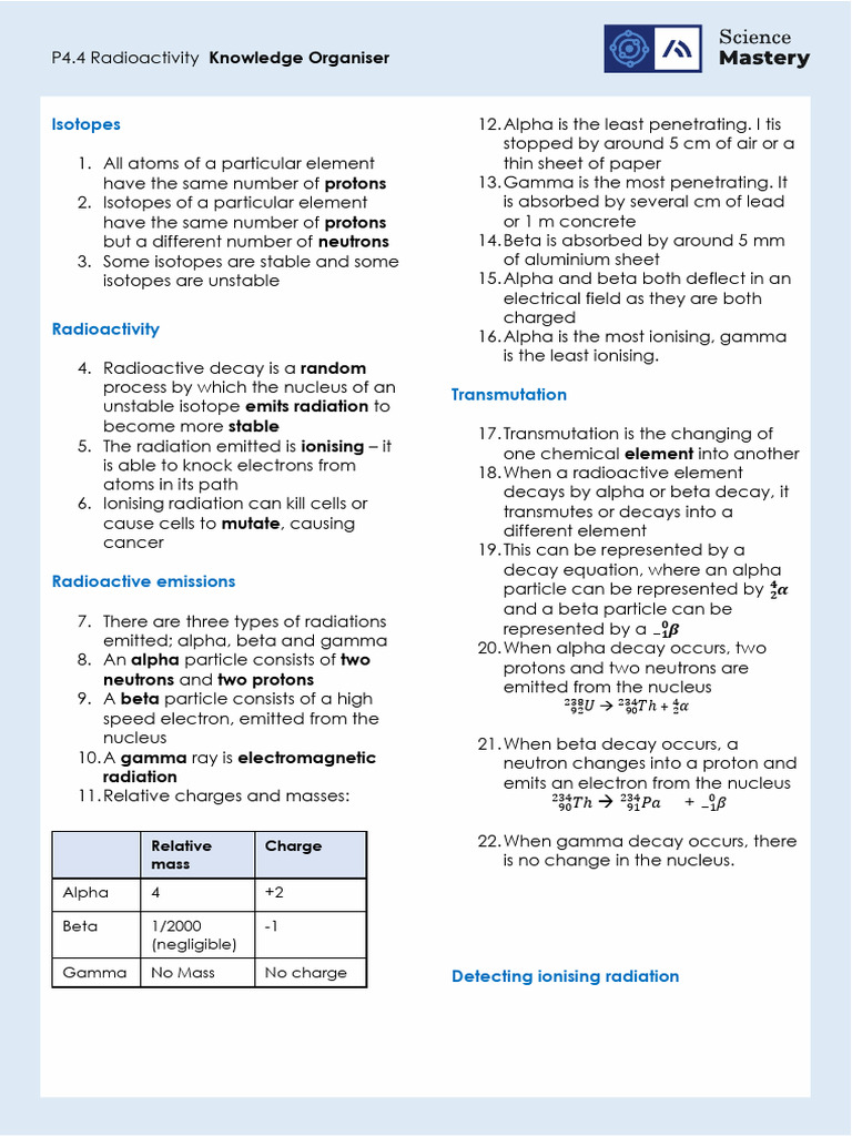 P4.4 Knowledge Organiser | PDF | Radioactive Decay | Ionizing Radiation