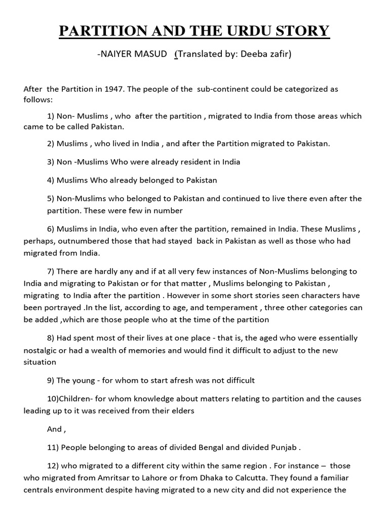 PARTITION AND THE URDU STORY - Selflearning Prose | PDF | Partition Of ...