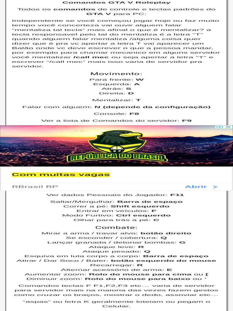 Comandos Básicos para GTA V Roleplay | PDF | Jogos de RPG