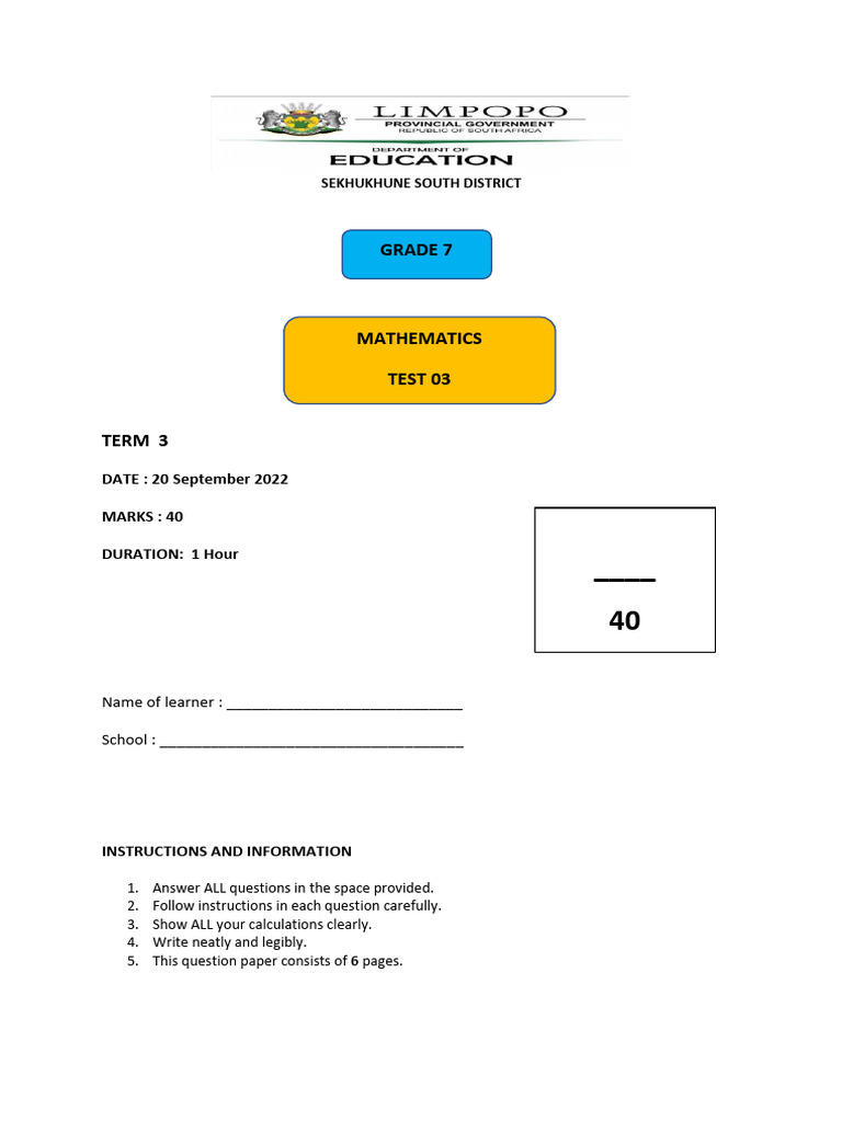 Grade 7 Term 3 Maths Test Paper | PDF | Shape | Equations