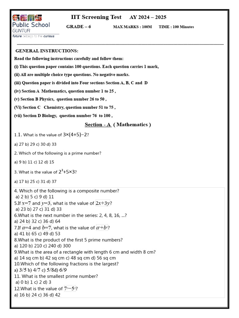 IIT Screening Test for 6th Grade Maths | PDF | Area | Elementary ...